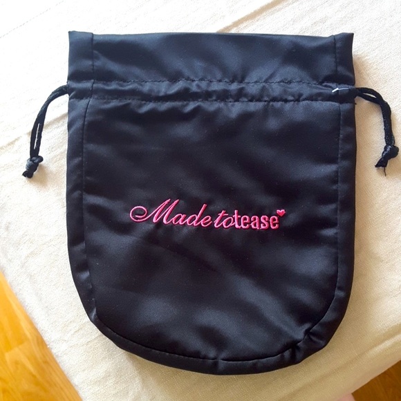 Bags | Cosmetic Drawstring Black Bag With Pink Lettering | Poshmark